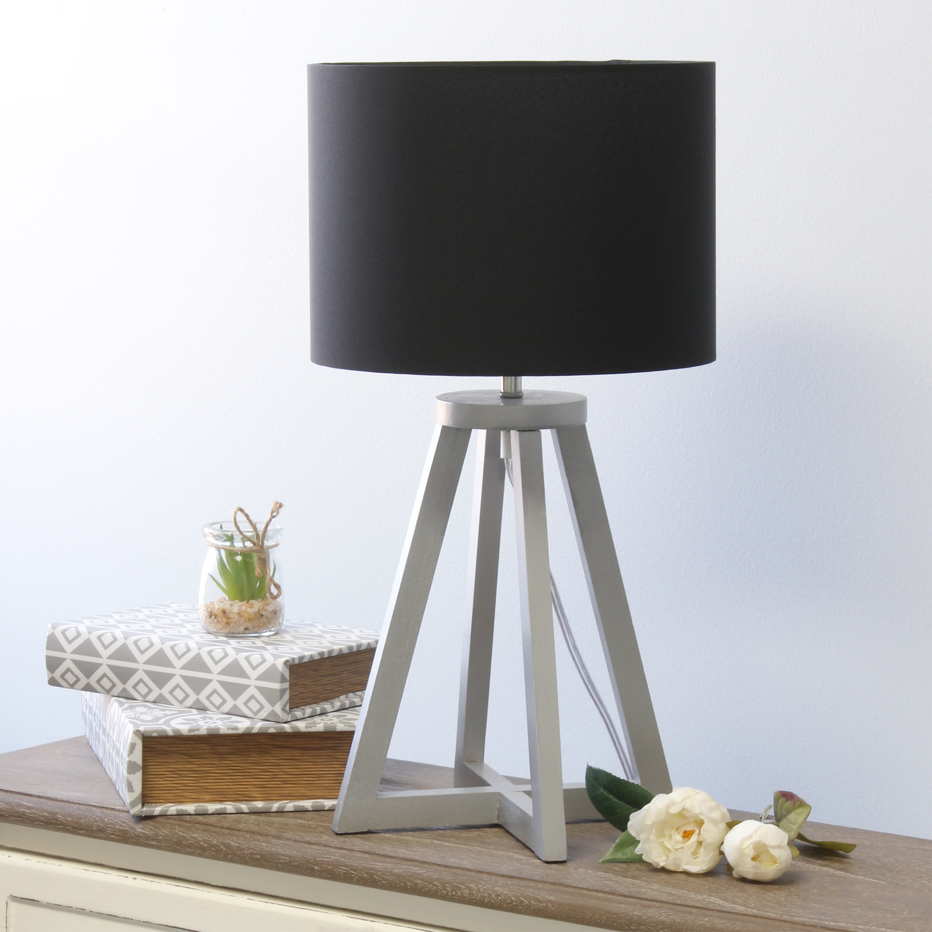 Simple Designs Interlocked Triangular Wood Table Lamp with Fabric Shade ...