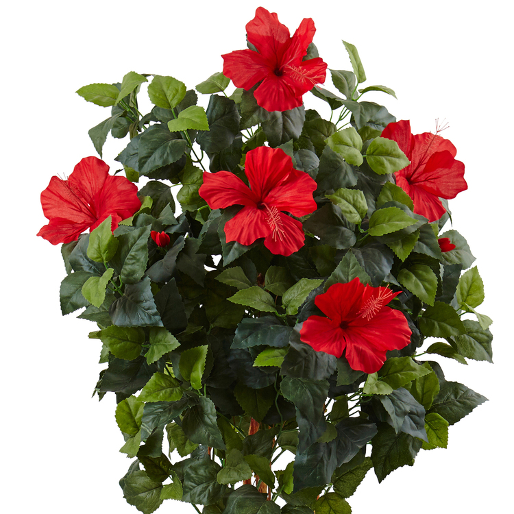 Artificial Hibiscus Tree 5ft, Red Bloom Topiary with Wooden Planter ...