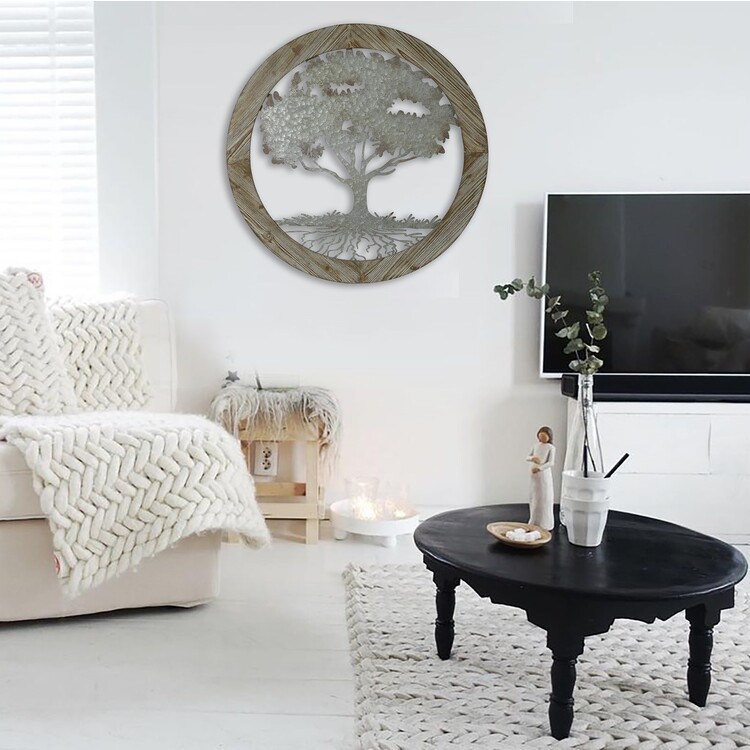 LuxenHome Metal Tree of Life with Roots Wall Decor with Round Wood ...