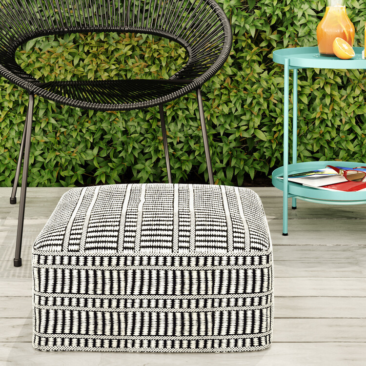 Simpli Home Safford 20 inch Wide Boho Outdoor/Indoor Square Pouf in Black/White Recycled ...