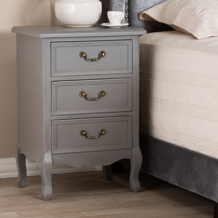 French Country Cottage Gray 3 Drawer Nightstand Finished Wood ...