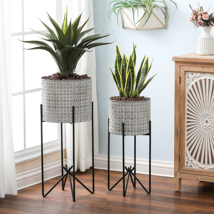 LuxenHome Set of 2 Gray and Black Metal Cachepot Planters with Stands ...