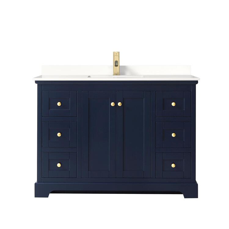 Dark Blue Bathroom Vanities with White Quartz Countertops and Gold Trim ...