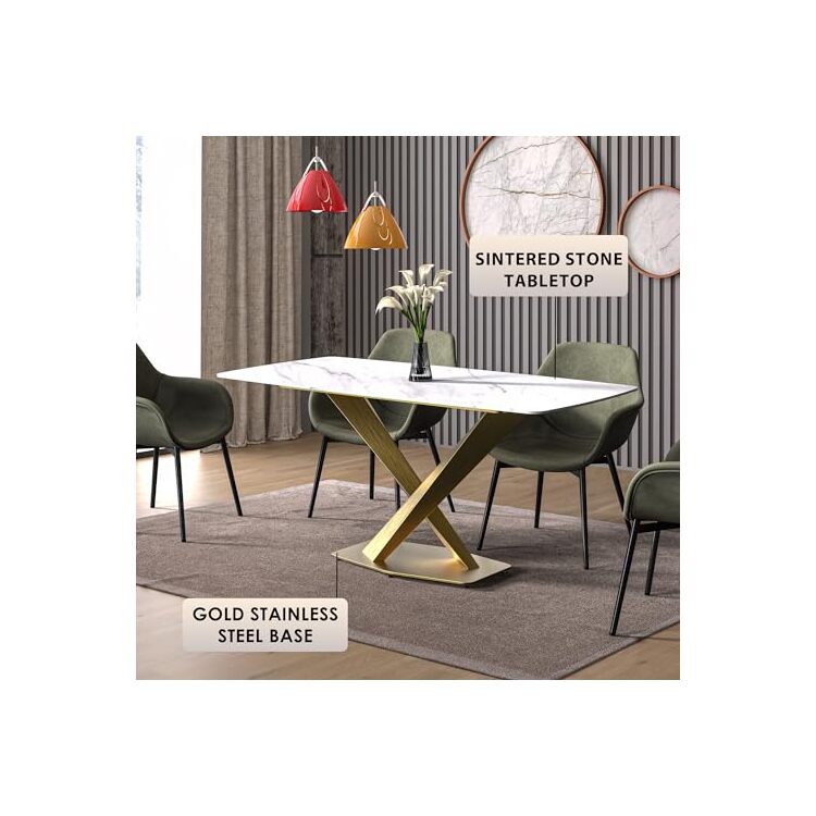 LeisureMod Voren Series Modern Dining Table Gold Base, With 71 White ...