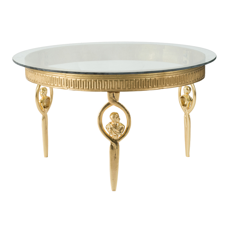A&B Home Round Coffee Table with Key Design Trim and Glass Top - Gold ...
