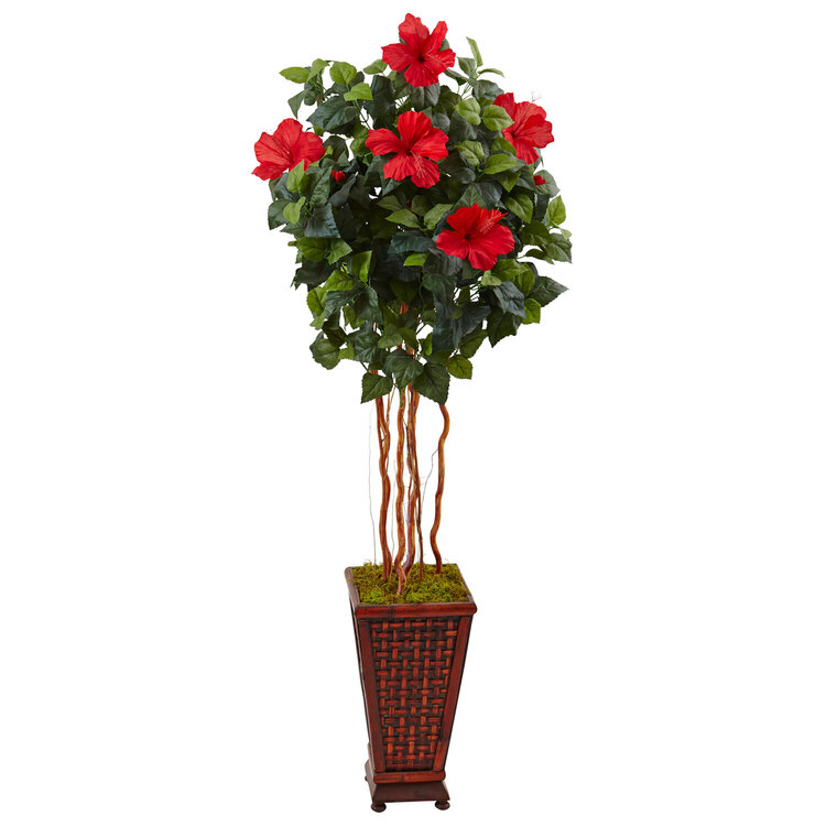 Artificial Hibiscus Tree 5ft, Red Bloom Topiary with Wooden Planter ...
