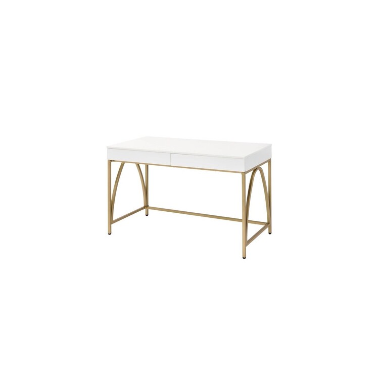 White Gloss Writing Desk with Gold Metal Legs & 2 Storage Drawers ...