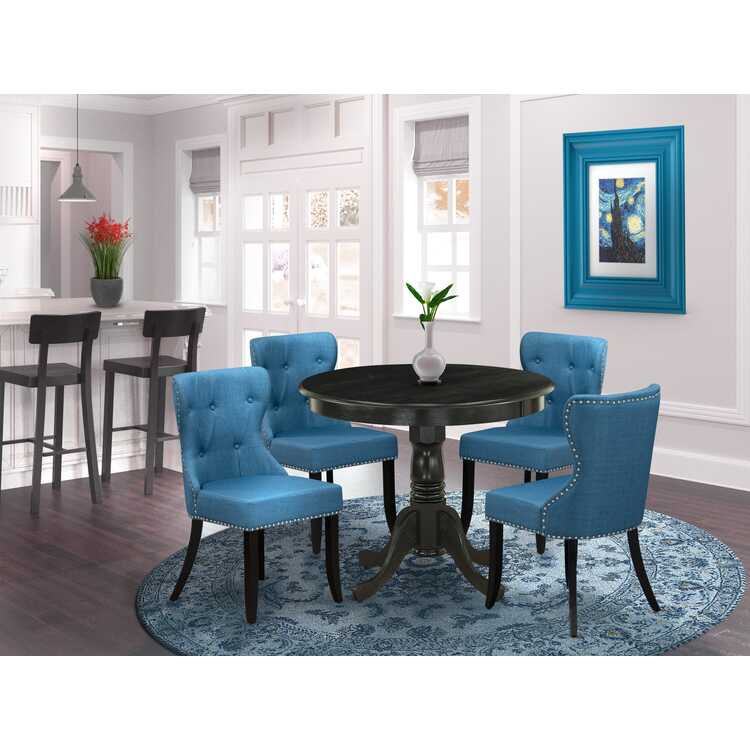 Round Kitchen Table & 4 Chairs - Blue Parsons Set - OJCommerce.com