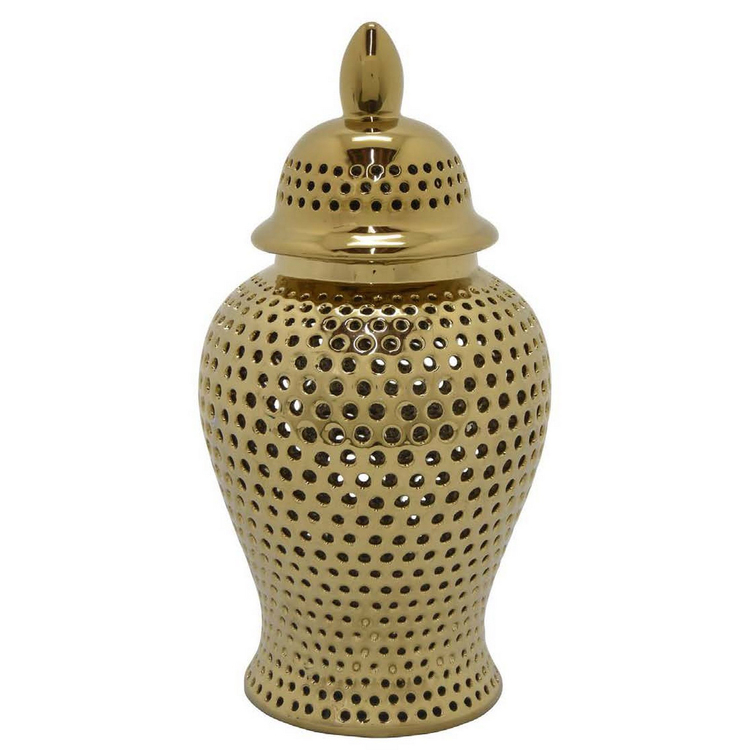 BenJara Deni 19 Inch Temple Jar, Small Carved Cut Out Lattice, Lid ...