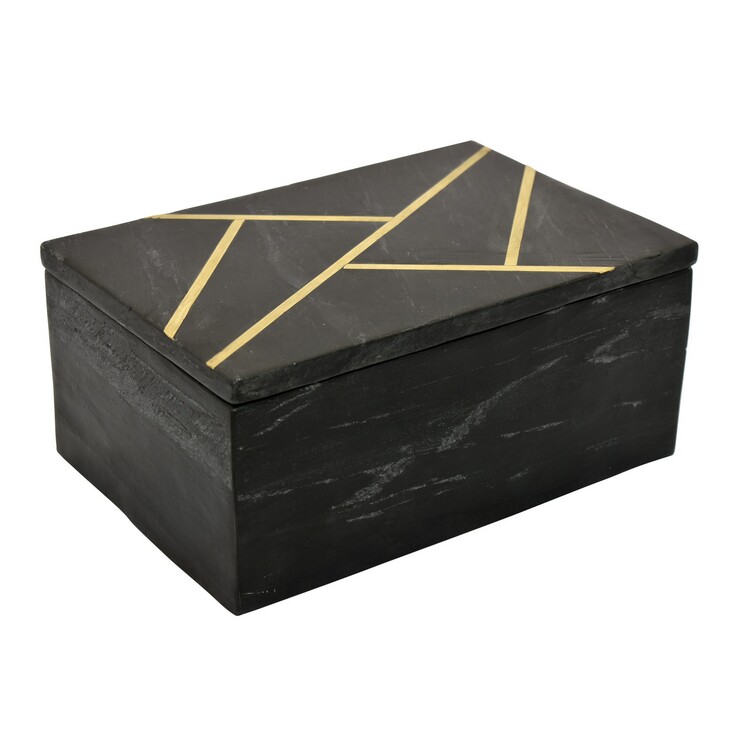 BenJara Axel Decorative Storage Box, Gold Geometric Inlay, Black Marble ...