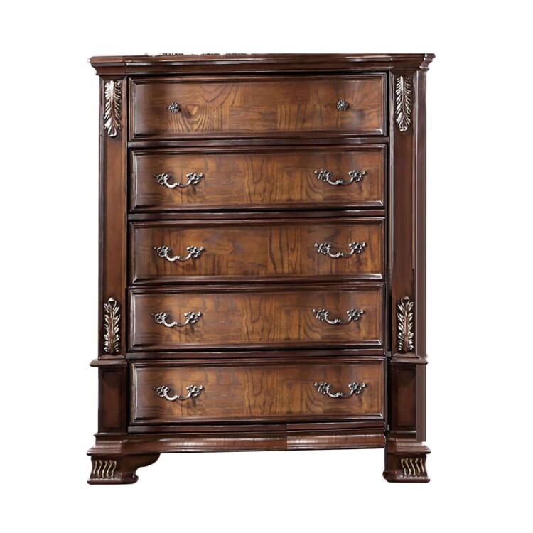 BenJara Prio Tall Dresser Chest, 5 Drawers, Classic Wood Carved, Cherry ...