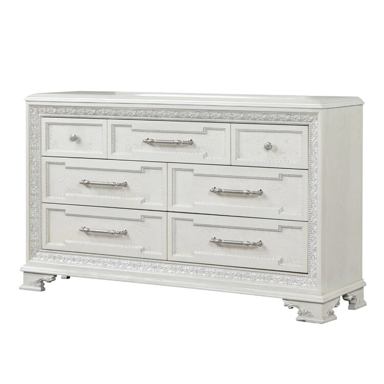 Benjara Miamy Wide Dresser, 7 Drawers w Jewelry Tray, Creamy White Pine ...