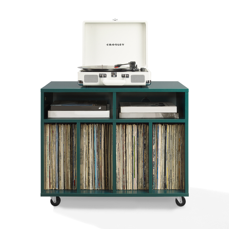 Crosley Carlo Rolling Record Storage Console In Dark Teal - OJCommerce.com