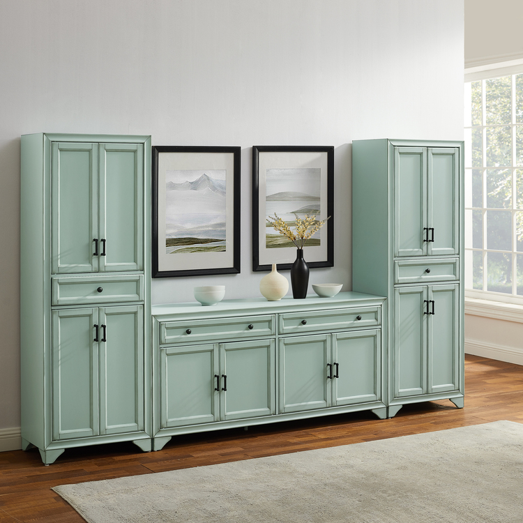 Crosley Tara 3-Piece Sideboard And Pantry Set Distressed Seafoam Blue ...