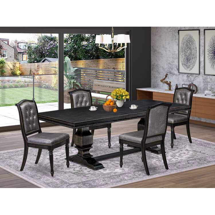 Modern Kitchen Table Set with 4 Chairs - Dark PU Leather & Wood ...