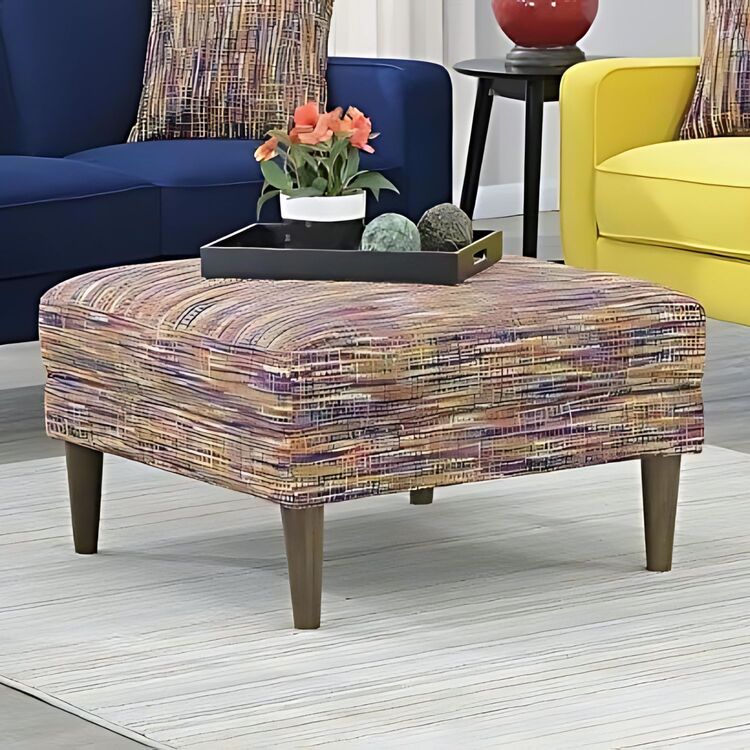 Vibrant Mid-Century Ottoman with Textured Fabric & Sturdy Wood Legs ...