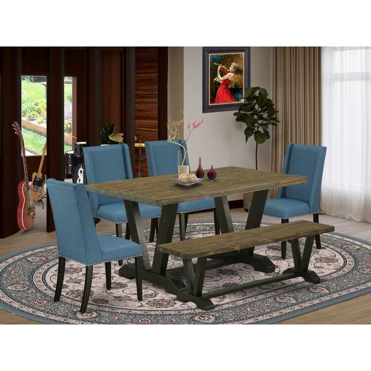 Blue Linen Dining Set - 6 Piece Table & Chairs - OJCommerce.com