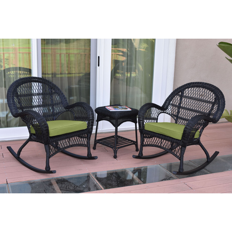 Resin Wicker Rocker Chair Set with Steel Frame and Sage Green Cushions ...