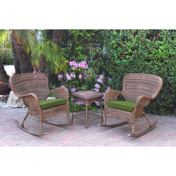 Jeco Wicker Chair & End Table Set - Honey Finish & Green Cushion ...