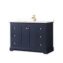Dark Blue Bathroom Vanities with White Quartz Countertops and Gold Trim